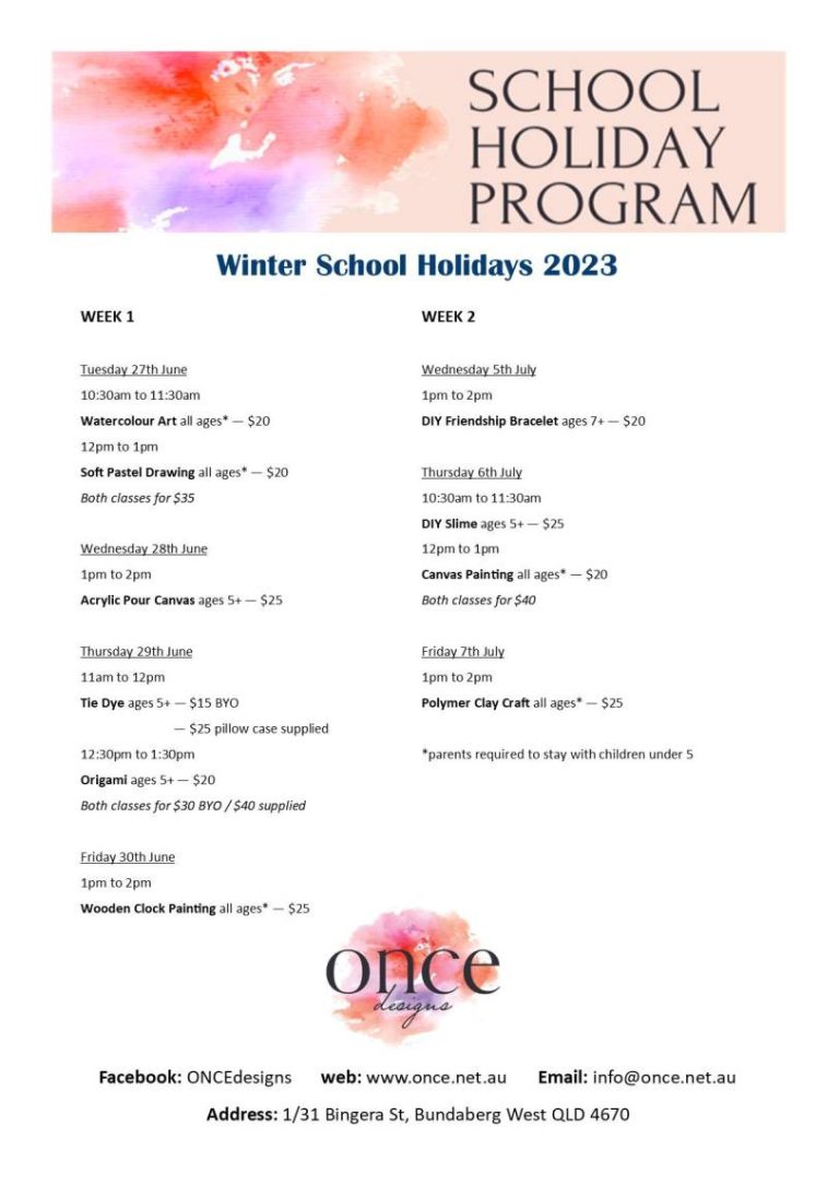 Once Designs Winter Art Workshops 2023 - Wide Bay Kids